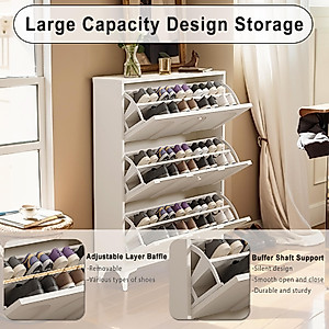 Modern Shoe Cabinet with 3 Flip Drawers,Adjustable Slim Freestanding Narrow Shoe Rack Tipping Bucket Shoe Cabinet with Door Open Shelves for Entryway