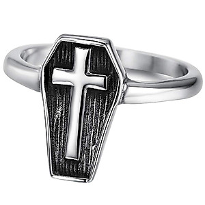 Jude Jewelers Stainless Steel Christian Cross Coffin Shape Religious Prayer Cocktail Party Halloween Biker Ring (Silver, 6)