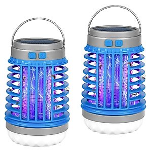 Solar Bug Zapper Outdoor Waterproof Mosquito Zapper for Patio Home Camping, 3 in 1 Cordless Mosquito Light Killer Portable Small Bug Zapper - Camping Light, Mosquito Killer, Flashlight - Blue, 2 PCS