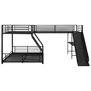 ATY L Shaped Full Bunk Bed with Twin Size Loftbed, Metal Bedframe w/Built-in Desk and Slide, for 3 People, Save Space Design, No Box Spring Required & Easy Assembly, Black
