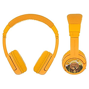 BuddyPhones ONANOFF Play+, Wireless Bluetooth Volume-Limiting Kids Headphones, 20-Hours Battery Life, 3 Volume Settings, Voice Enhancing StudyMode, Answer/Playback Button, BuddyLink Cable, Sun Yellow
