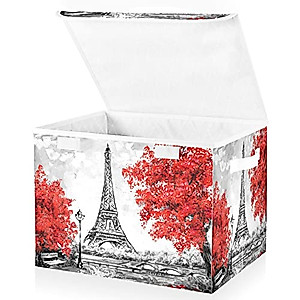 Krafig Abstract Art Paris Eiffel Tower Foldable Storage Box Large Cube Organizer Bins Containers Baskets with Lids Handles for Closet Organization, Shelves, Clothes, Toys