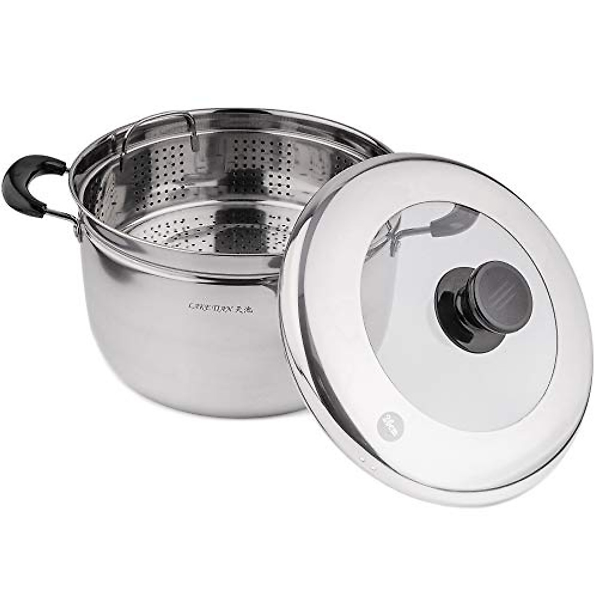 2 Tier Stainless Steel Steamer Pot Cookware Pot & Pan/Saucepan Cooking Set with Insert Basket, Great Steamer For Cooking Food, Tempered Glass Lid, Dishwasher Safe By Lake Tian (22cm/8.7in), 6qt