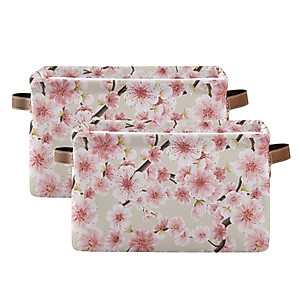 Pink Blossom Japanese Storage Basket Bins Foldable Toy Baskets Organization with Handles Laundry Hamper for Office Bedroom Clothes Bedroom Living Room,2 pcs
