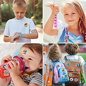 94Pcs Cartoon Party Supplies Birthday Party Favors, Include 10 Silicone Wristband,10 Button Pins,10 Key Chains,14 Stamps, 50 Stickers for Kids, Best for Goodie Bags