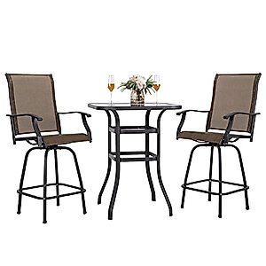 Nuu Garden 3 Piece Swivel Outdoor Bar Set, Bar Height Iron Outdoor Furniture Set with Silk Screen Glass Table, All-Weather Textilene Patio Chairs for Lawn, Backyard, Balcony, Black and Brown