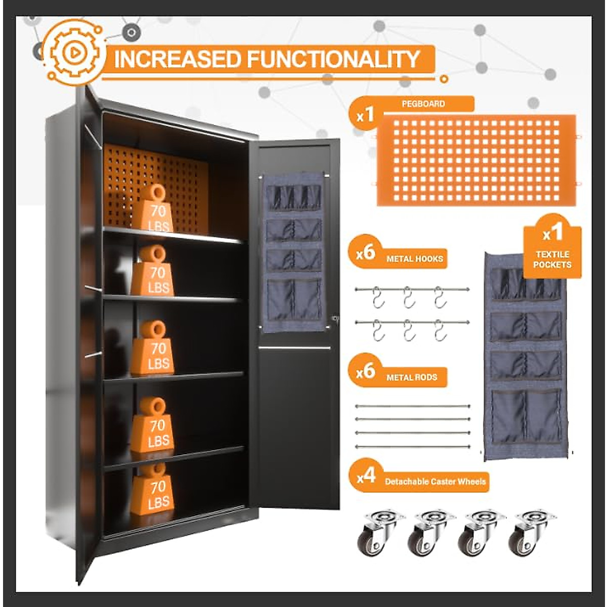 Metal Storage Cabinet - 72-Inch Black Lockable Garage Cabinet with Doors