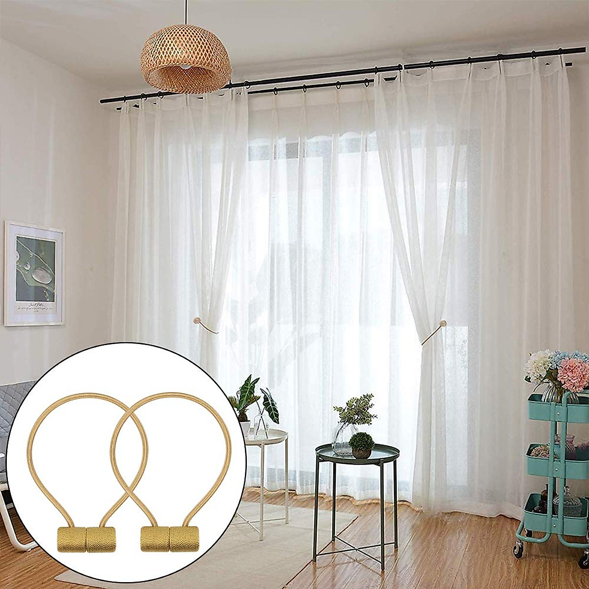 Magnetic Curtain Tiebacks, Strong Magnetic Window Curtain Tiebacks Clips Decorative Rope Holdbacks Drapery Curtain Tie Backs Weave Holder for Window Draperies Hold Curtains Drape Ties Backs (2, Gold)