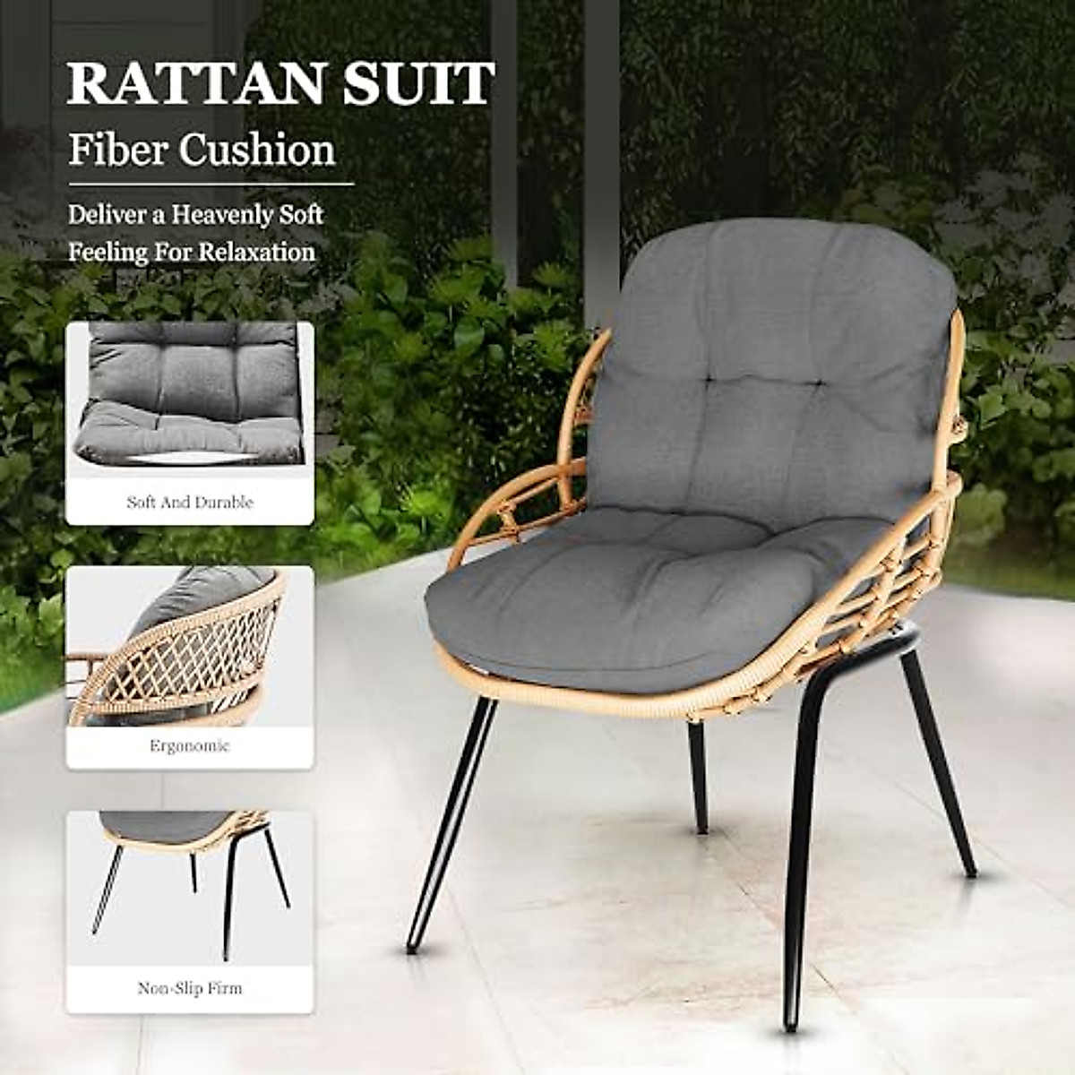 Urban Home Furniture Belize 4-Piece PE Natural Rattan Outdoor Conversation Set, 2 Single Chairs with Cushions, Loveseat with Cushions, Coffee Table with Glass Top, with Grey Cushions