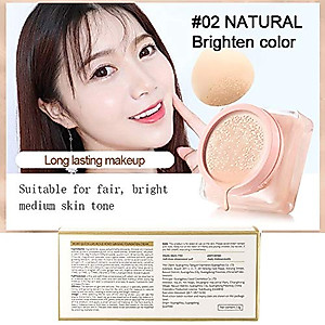 Air Cushion CC Cream Liquid Mushroom BB Foundation Weightlight Color Brighten Face Tones Moisturizer Primer Hides Face Pores for Girls Dry Skin with Makeup Sponge (13g)