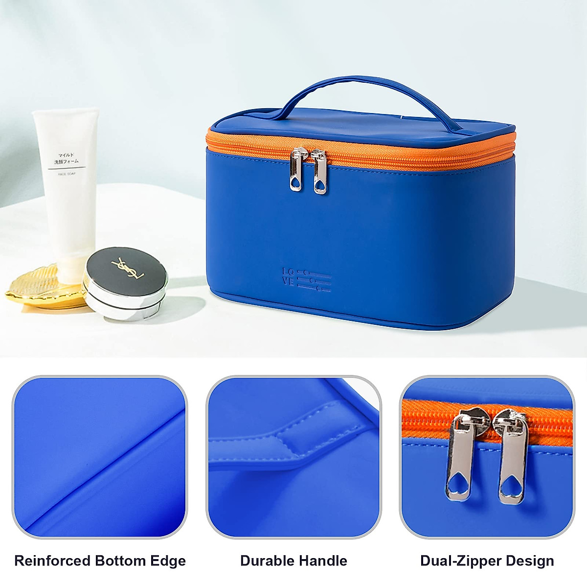 Makeup Bag Portable Travel Cosmetic Bag for Women, Beauty Zipper Makeup Organizer PU Leather Washable Waterproof (Blue)
