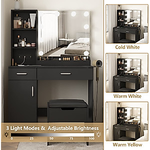Fameill Makeup Vanity Desk with Lighted Mirror & Power Strip,Black Vanity Table Set with Lights and Lots Storage,2 Drawer Makeup Table,3 Lighting Colors,35.4in(L)