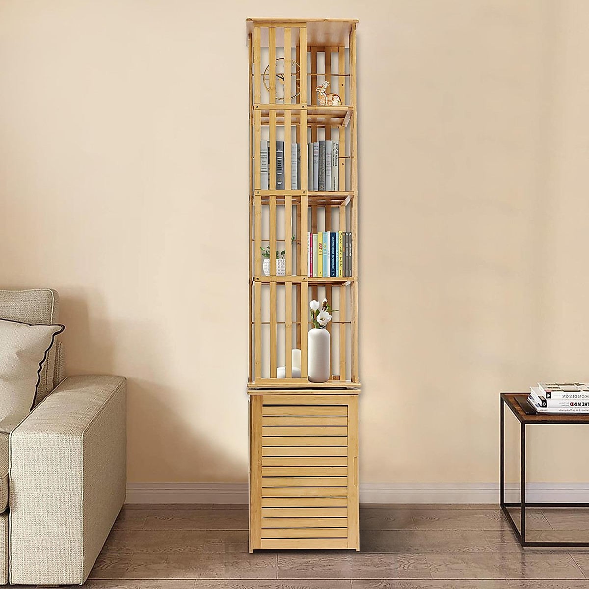 Veloqua Bookcase, Bookshelf Corner Bamboo Book Shelf 6-Tier 360° Rotating Storage Display Rack Narrow Bookshelf with Open Design Shelving Used in Office Bedroom Study Living Room Hallway (Burlywood)