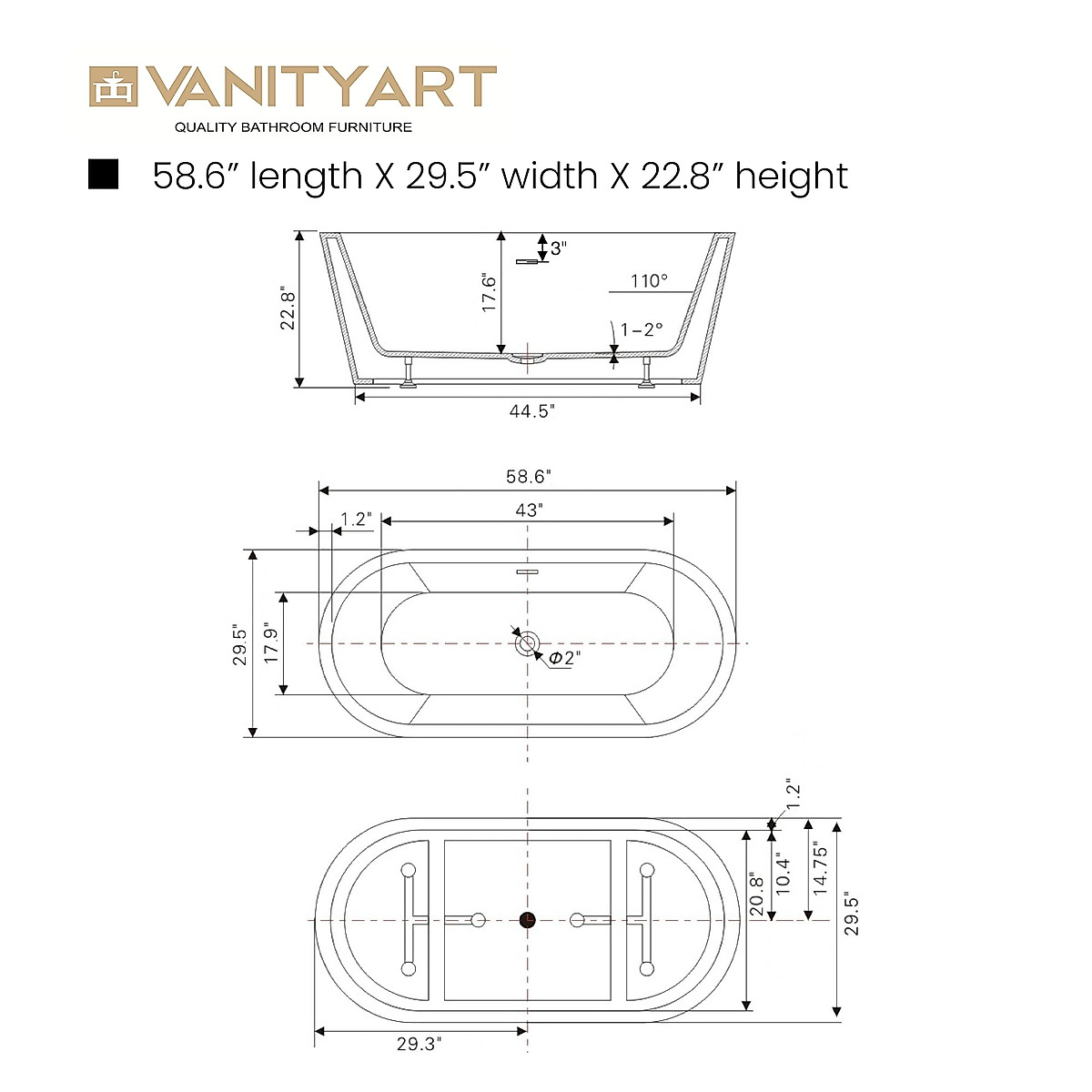 Vanity Art 54" X 29" Non-Slip Acrylic Freestanding Bathtub | Contemporary Design Soaking Tub with Overflow and Pop-up Drain, UPC Certified VA6815-NXSW