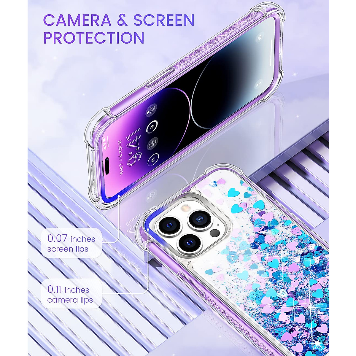 Caka for iPhone 14 Pro Max Case Glitter for Girls Women with Built-in Screen Protector Liquid Quicksand Protective Shockproof Full Body Phone Case for iPhone 14 Pro Max 6.7’’ Blue Purple