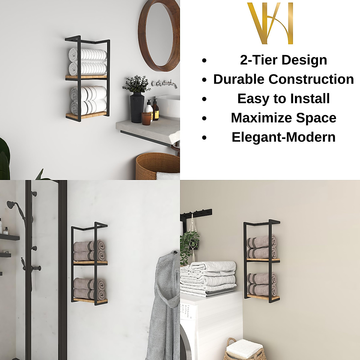 2-Tier Bathroom Shelf, Wall Mounted Storage for Towels and Blankets, Wood and Metal Frame, Anti-Rust Rustic Towel Rack with Shelf for Toiletries, Bathroom, Bedroom, and Potted Plants (Large)