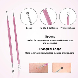 Blackhead Remover Tool, Aooeou 10Pcs Professional Pimple Popper Tool Kit - Easy Removal for Whitehead Popping, Zit Removing for Risk Free Nose Face, Anti-Slip Coating Handle(Pink)