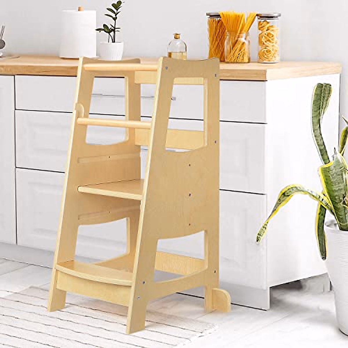 Toddler Step Stool, Wood Step Stools for Kids, Kitchen Step Stool for Toddlers with Safety Rail, Standing Tower with Three Adjustable Heights, Toddler Stool for Kitchen Counter