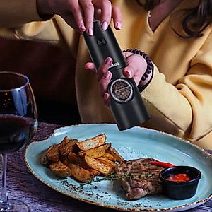 CAISIMIKI Electric Salt and Pepper Grinder Set 2 Pack Rechargeable Pepper Mill Automatic Pepper Shaker One-Handed Operation Adjustable Coarseness with Dual Charging Base LED Light