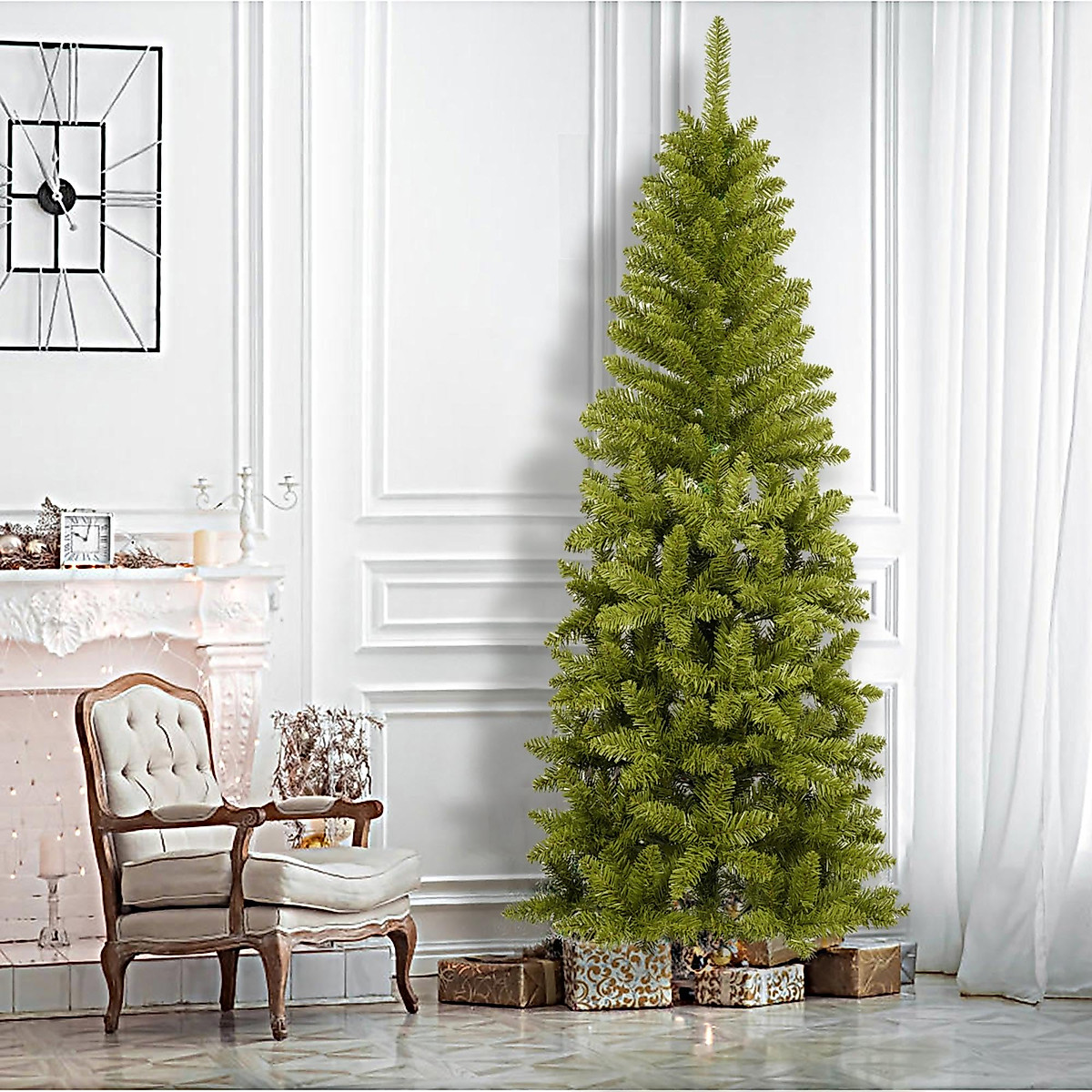 6 Feet Hinged Pencil Artificial Christmas Tree with Foldable Metal Stand, 460 Tips Recycled PVC Plastic, Kingswood Fir Green