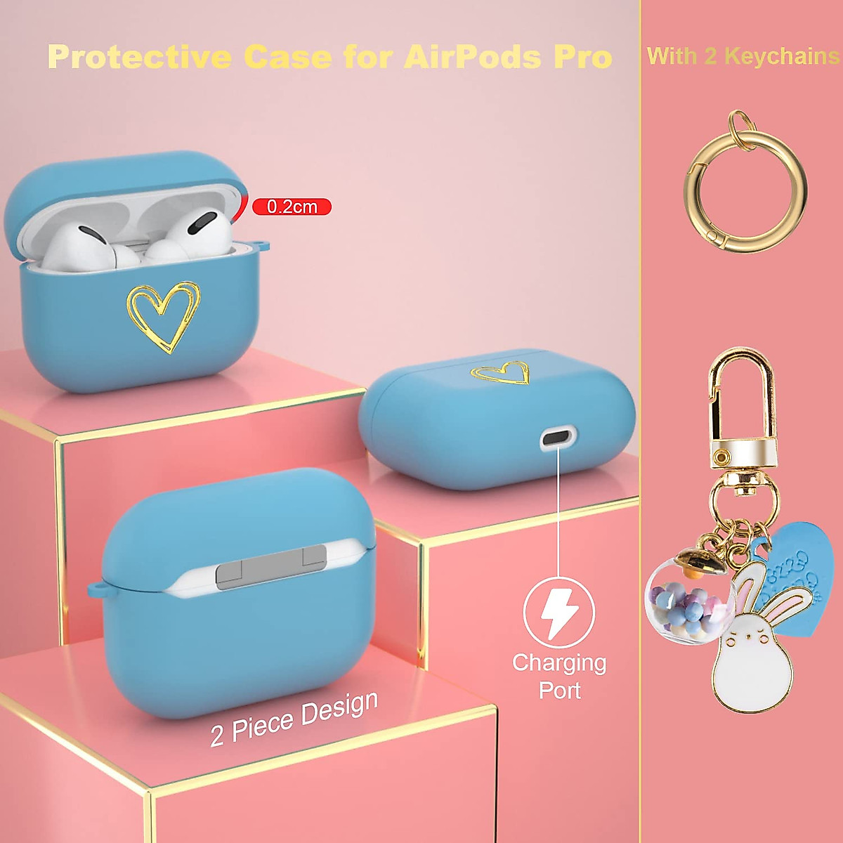 Aiiko Compatible AirPods Pro Case with Cute Lucky Ball Rabbit Keychain Gold Heart Pattern Soft TPU Shockproof Protective iPod Pro Case Cover for Airpods Pro（2019 Released） for Girls Women-Black