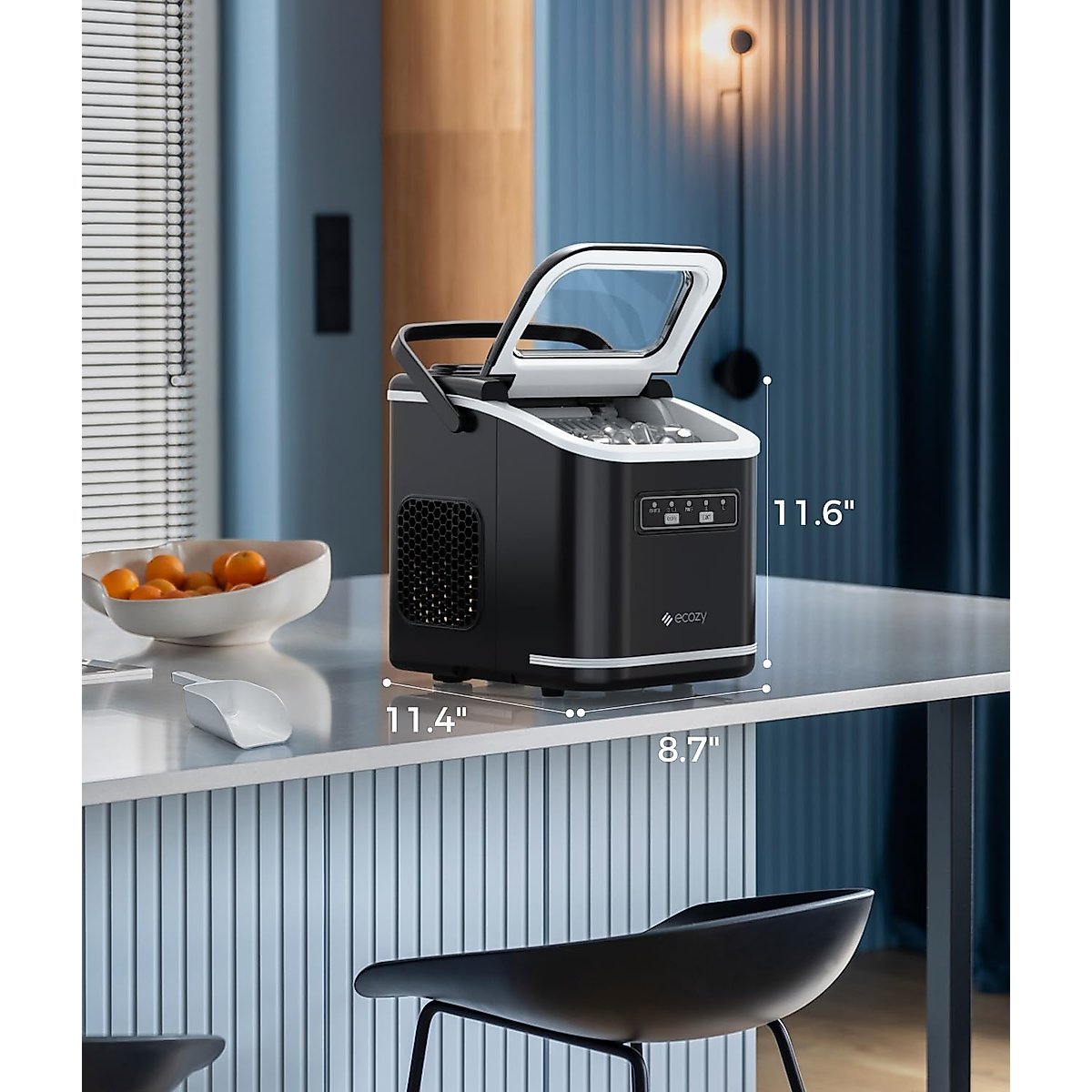 ecozy Countertop Ice Maker, Portable Ice Maker with Self-Cleaning, 9 Bullet Ice Cubes in 6 Mins, 26lbs/24Hrs, Ice Maker Machine with Ice Bags, Handle, Standing Scoop and Basket, Black