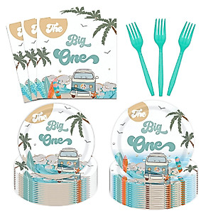 96 Pieces Summer Beach The Big One Tableware Set Boy Surfing First Birthday Decorations Hawaiian 1st Palm Tree Dinner Dessert Paper Plates Napkins Forks Serves 24