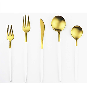 Gugrida White Gold Flatware, Royal 5 Piece Matte White Handle 18/10 Stainless Steel Tableware Sets for 1 Including Forks Spoons Knives, Camping Silverware Travel Utensils Set Cutlery (White Gold)