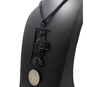 MAXBLING81 Hip Hop Jet Black Saint Death Santa Muerte Charm Pendant & 5mm 24" Cuban Chain Fashion Necklace for Gift, Halloween Party
