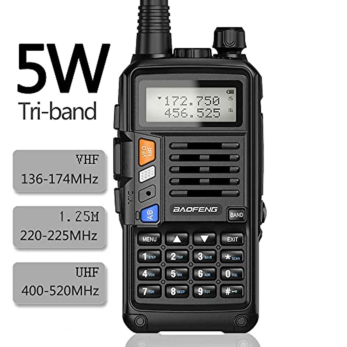 Baofeng UV-S9X3 5 Watt Tri-Band Radio : VHF, 1.25M, UHF, with 2200mAh Large Battery,Includes Dual Band Antenna, 220 Antenna, Earpiece, and More Amateur (Ham) Two-Way Radio… (Black)