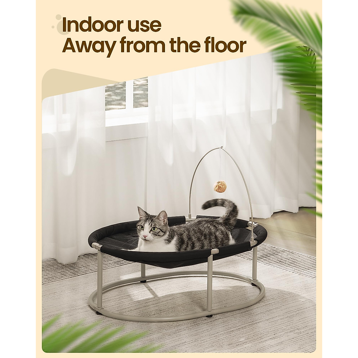 Hzuaneri Oval Raised Cat Bed, Elevated Pet Hammock, for Kitty Cat Small Dog with Pompom, Detachable and Washable, Easy Assembly Cat Cot Excellent Breathability, for Indoors & Outdoors, Black PB06701X