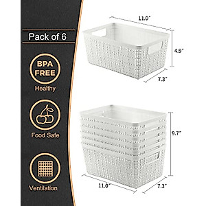 Set of 6 Plastic Storage Bins Pantry Organization and Storage Containers Storage Baskets Shelf Organizer Bins for Shelves Drawers Desktop Closet Playroom Classroom Office, White