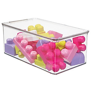 mDesign Plastic Stackable Toy Storage Bin Container Box with Hinge Lid for Organizing Living Room, Play Room, Bedroom, Nursery, Hold Blocks, Puzzles, Books, Lumiere Collection, Clear