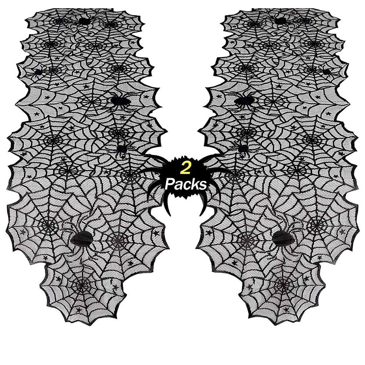 B-COOL Halloween Table Runners Lace 2 Packs Black Spider Web Linens Polyester Gathering Gothic Festival Fabric Decoration 18x72inch