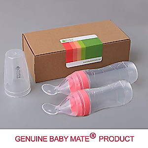 Baby Mate 4oz & 3oz Silicone Baby Food Dispensing Spoon Combo (Pink, Ideal for 4 Months+ Babies) FDS - Infant Feeders for Cereal and Baby Food - Silicone Squeeze Feeder with Spoon - Solid Feeding