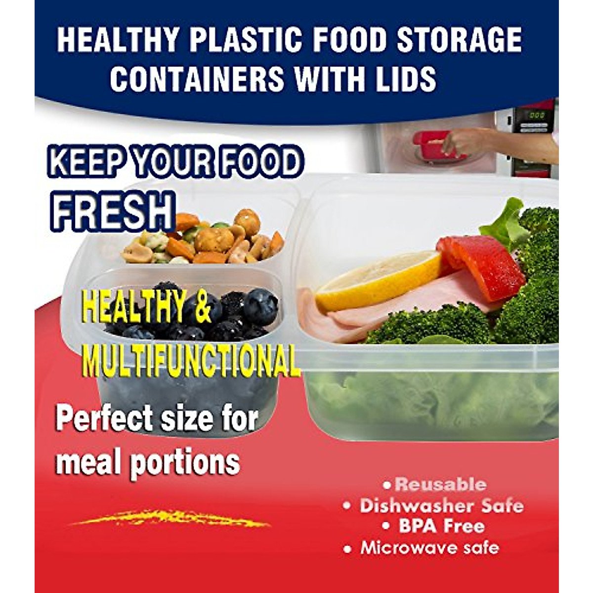 Meal Prep Containers 7-16 Pack Bento Lunch Boxes - 3 Compartment Food Storage Container with Lids (Colorful, 7-3)