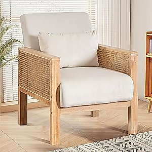 Bonzy Home Modern Velet Accent Chair with Rattan Arms, Comfy Armchair with Solid Wooden Legs, Upholstered Easy Assembly Wooden Single Sofa Reading Nook Chairs for Living Room Bedroom Office, White