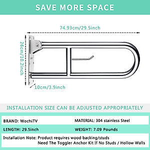 29.5 INCH Stainless Toilet Safety Rails,Disabled Flip-Up Bathroom Grab Bar with Paper Holder,Toilet Handrails Hand Grips Handle Shower Assist Aid, WochiTV Handicap Grab Bars for Elderly
