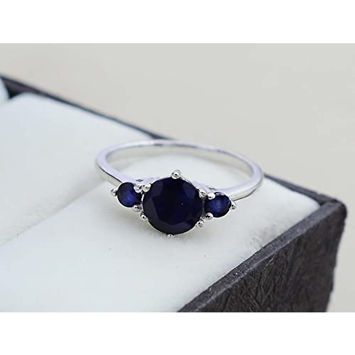 Three Stone Natural Blue Sapphire 7 MM Round Cut 925 Sterling Silver September Birthstone Cluster Unisex Proposal Ring Girlfriend Gift For Valentine Day (Rhodium Plated Silver, 6)