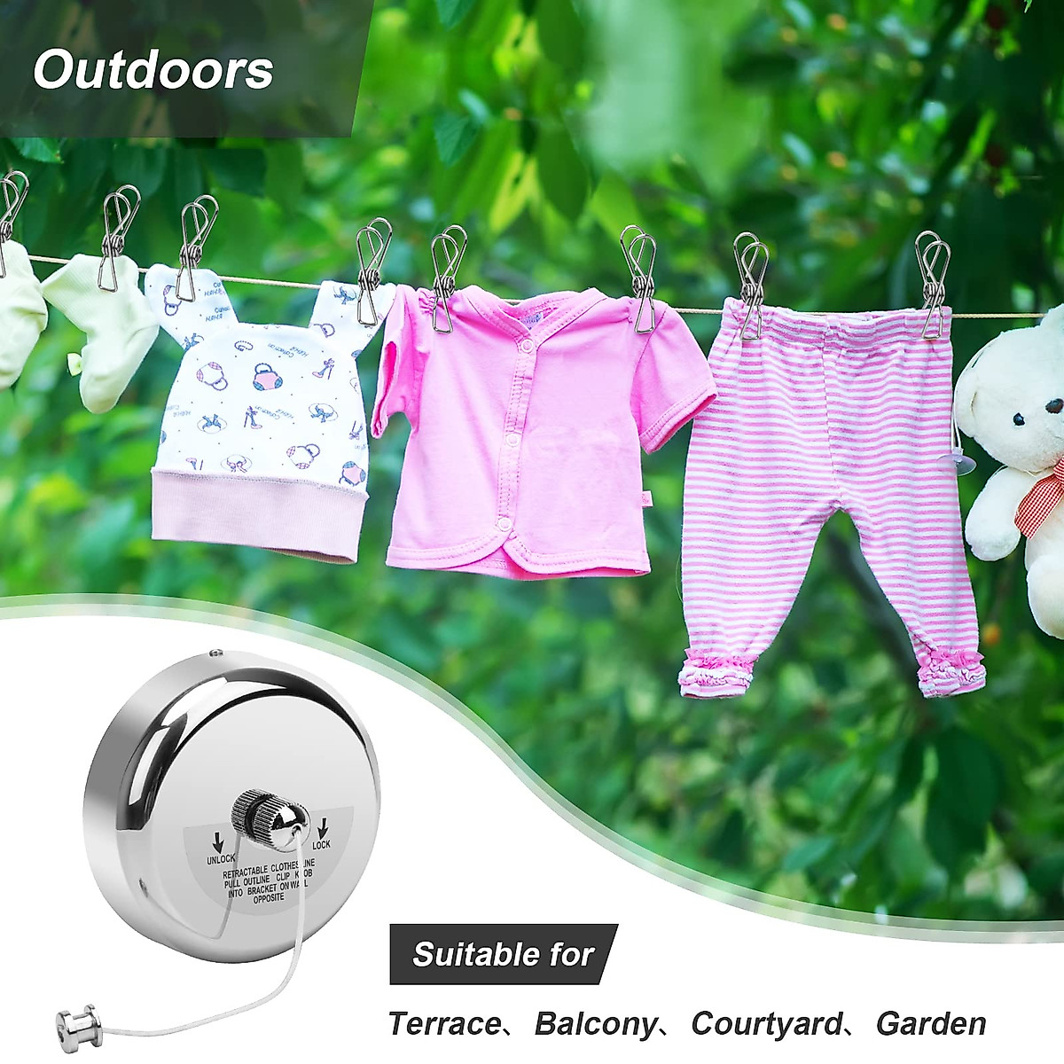 Catcan Retractable Clothesline, Stainless Steel Round Clothes Line Retracting Indoor for Hotel, Bathroom, Laundry with 10 PCS Metal Clothespins Adjustable Rope Shower Clothing Line(9.2FT Nylon String)