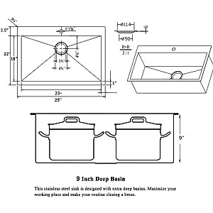 SHACO 25x22 Inch Drop In Kitchen Sink, Top Mount 16 Gauge 304 Stainless Steel 25 Inch Drop In RV Laundry Utility Sink, Brushed Nickel Single Bowl Sink Topmount Overmount Sink with Drain