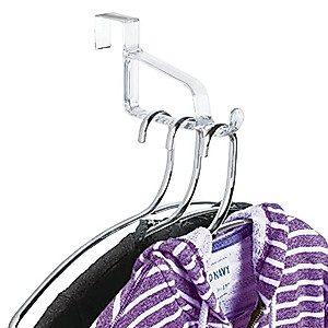 mDesign Modern Over Door Valet Hook - Multi Hanging Storage Garment Organizer Hanger Rack - Single Hooks for Coat, Hoodies, Hat, Scarves, Purse, Belt, and Bath Robe - 3 Pack - Clear