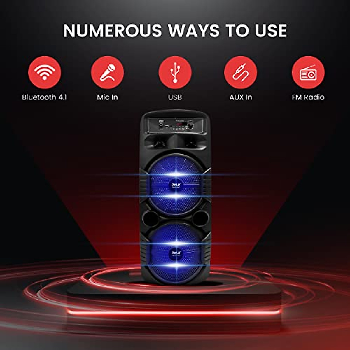 Pyle Portable Bluetooth PA Speaker System - 600W Rechargeable Outdoor Bluetooth Speaker Portable PA System w/ Dual 8” Subwoofer 1” Tweeter, Microphone In, Party Lights, USB, Radio, Remote - PPHP2835B