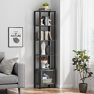 TUTOTAK 6 Tier Bookcase and Bookshelf, Narrow Book Shelf with Door for Small Space, for Living Room, Office, Study, Entryway, Charcoal Grey BS03BY006