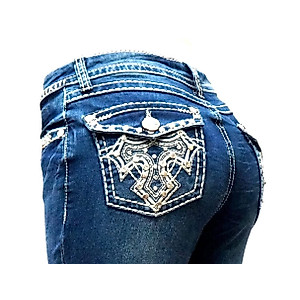 LA Idol Jack David U-Cute Rose 2 Rhinestone Studded Medium & Dark Wash Denim Bootcut Flap Pocket Jeans