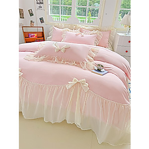 SOUKECHY Girls Lace Bedding,Queen Comforter Cover Set, Chic Ruffled Duvet Cover with Lovely Bow,Princess Style 1 Duvet Cover with 2 Pillowcases, No Comforter-Pink,Queen Size