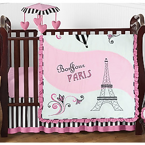 Sweet Jojo Designs Paris Girl Fitted Crib Sheet Baby or Toddler Bed Nursery Photo Op - Hot Pink, Black and White Eiffel Tower Striped Hot Air Balloon