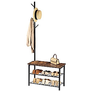 HOOBRO Shoe Bench, 28.3" Entryway Storage Bench with Coat Rack, 3-Tier Shoe Rack with Metal Mesh Shelves, Mudroom Bench, 4 in 1 Rustic Bench for Hallway, Foyer, Doorway, Bedroom BF12HX01