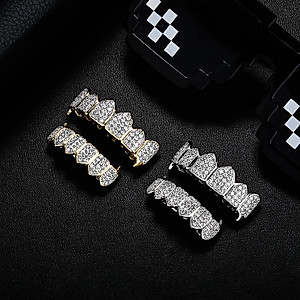 JINAO 18K Gold Plated Iced out CZ Fang Top Bottom Mouth Teeth Grills Set (SILVER BOTTOM)