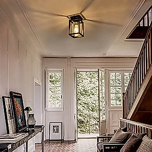 Mayful Flush Mount Ceiling Light Fixture, Black Metal Frame Ceiling Light Fixture with Clear Glass Shade, Farmhouse Light Fixture for Kitchen Island Entryway Porch Foyer Dining Room, E26 Ceramic Base